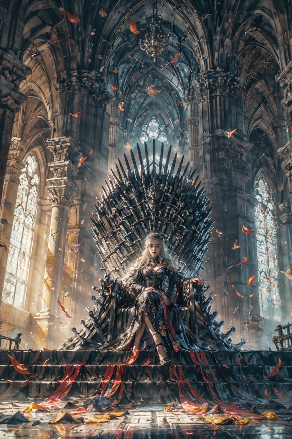 A woman sitting on the iron throne in a castle surrounded by leaves ...