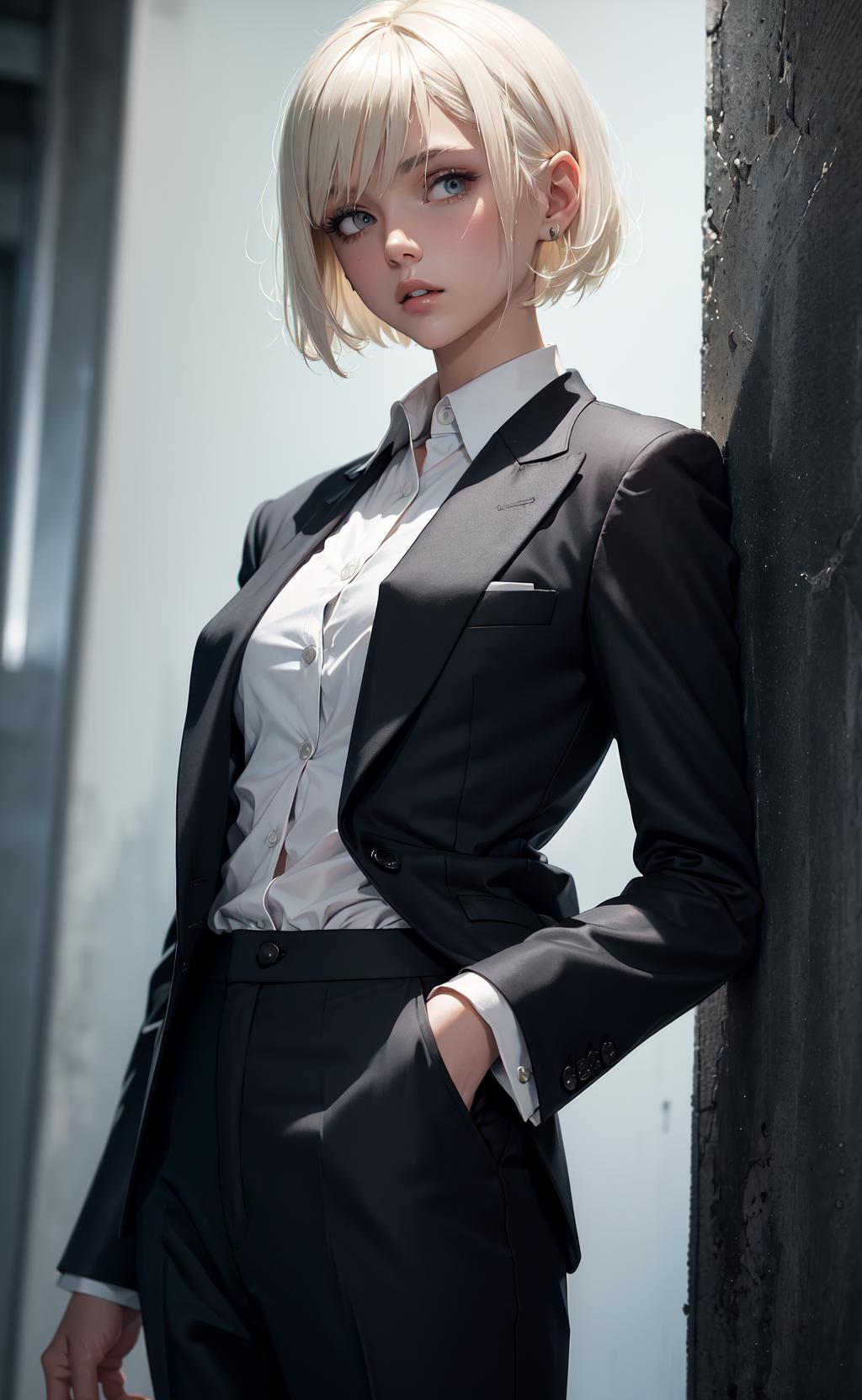 A close up of a woman in a suit and tie posing for a picture - SeaArt AI
