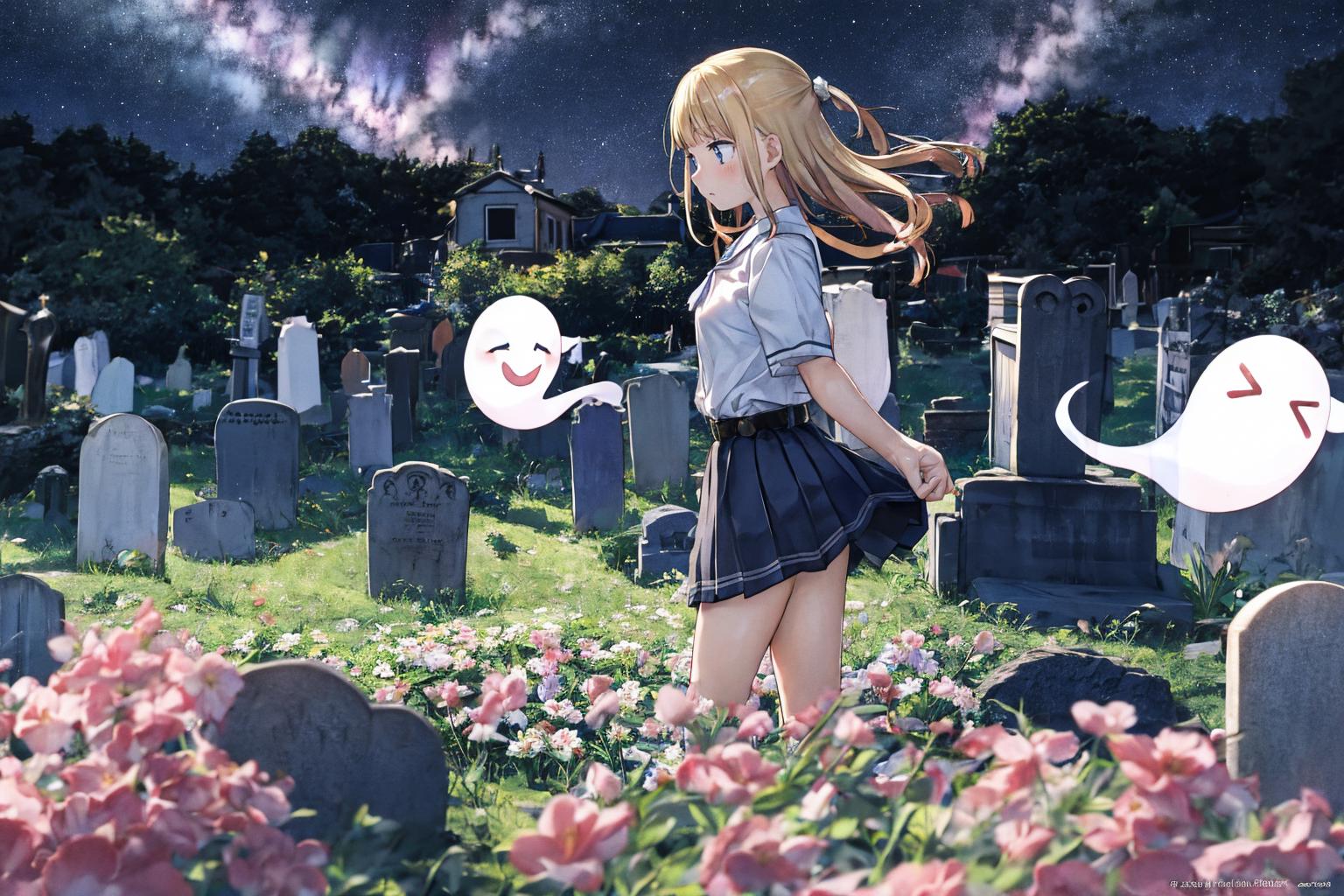 Anime girl walking in a cemetery with ghost faces - SeaArt AI
