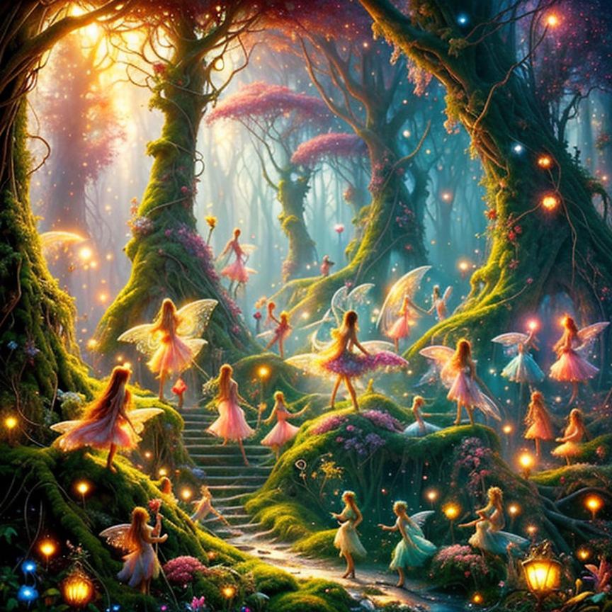 A painting of a fairy forest with fairies and fairies - SeaArt AI