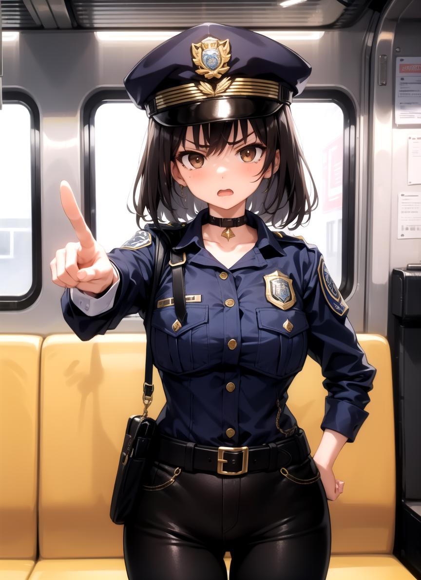 A woman in a police uniform is standing on a train - SeaArt AI