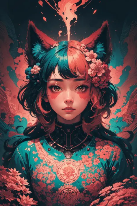 A girl with blue hair and red hair wearing a blue dress and a red fox headpiece - SeaArt AI