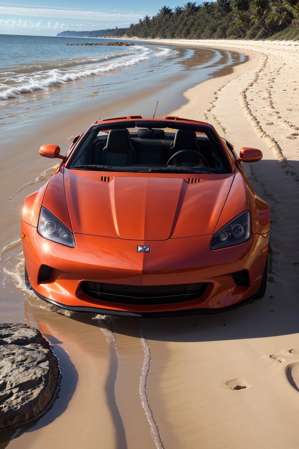 A close up of a car parked on a beach near the ocean - SeaArt AI