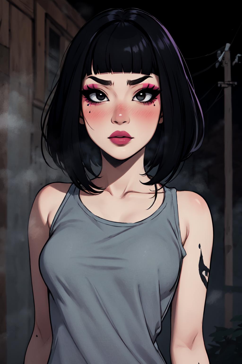 A cartoon girl with black hair and a gray tank top - SeaArt AI