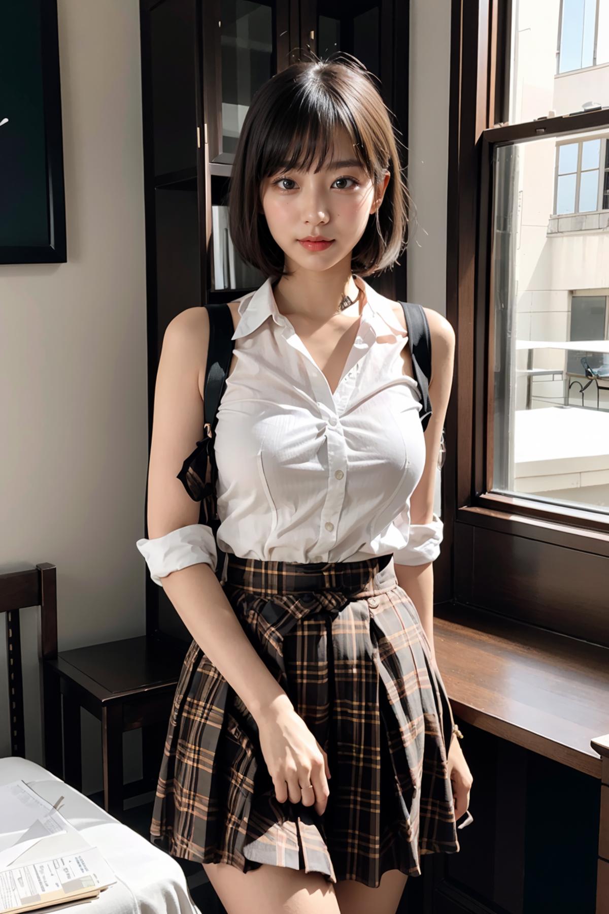 Arafed asian woman in a skirt and shirt posing in front of a window ...