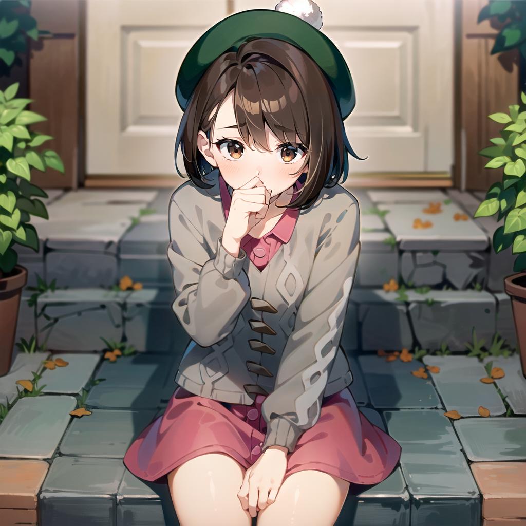 Anime girl sitting on steps with hat on her head - SeaArt AI