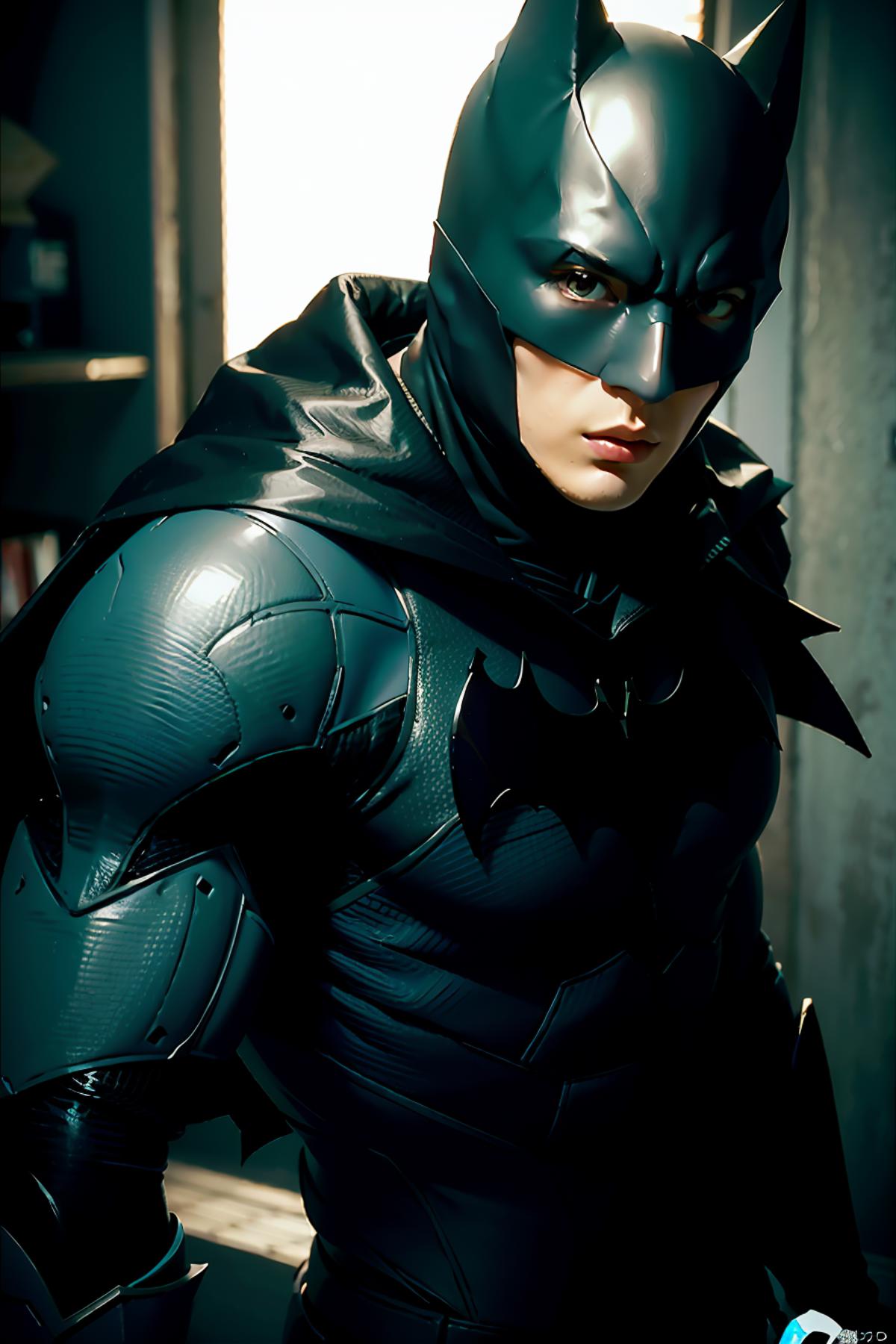 Batman cosplaying in a dark suit with a bat on his shoulder - SeaArt AI
