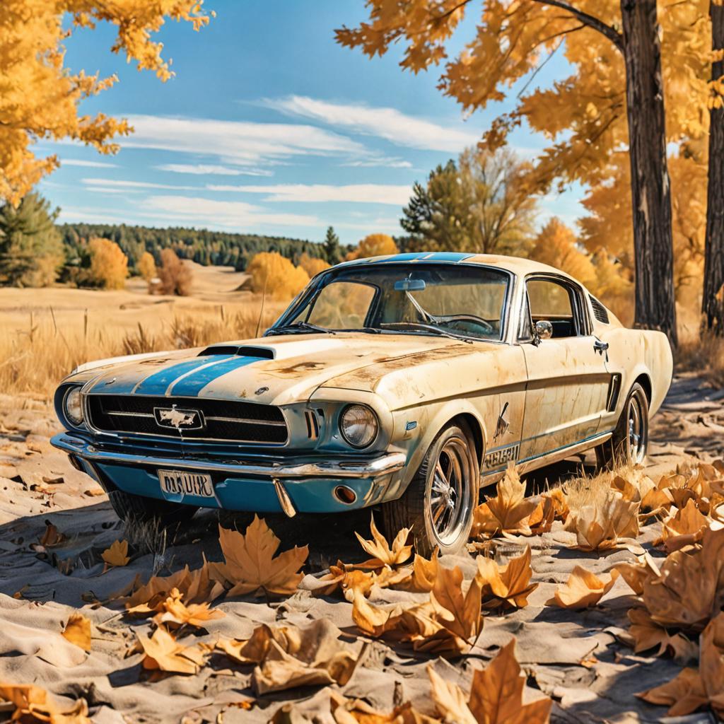 A close up of a car parked in a field with leaves on the ground - SeaArt AI