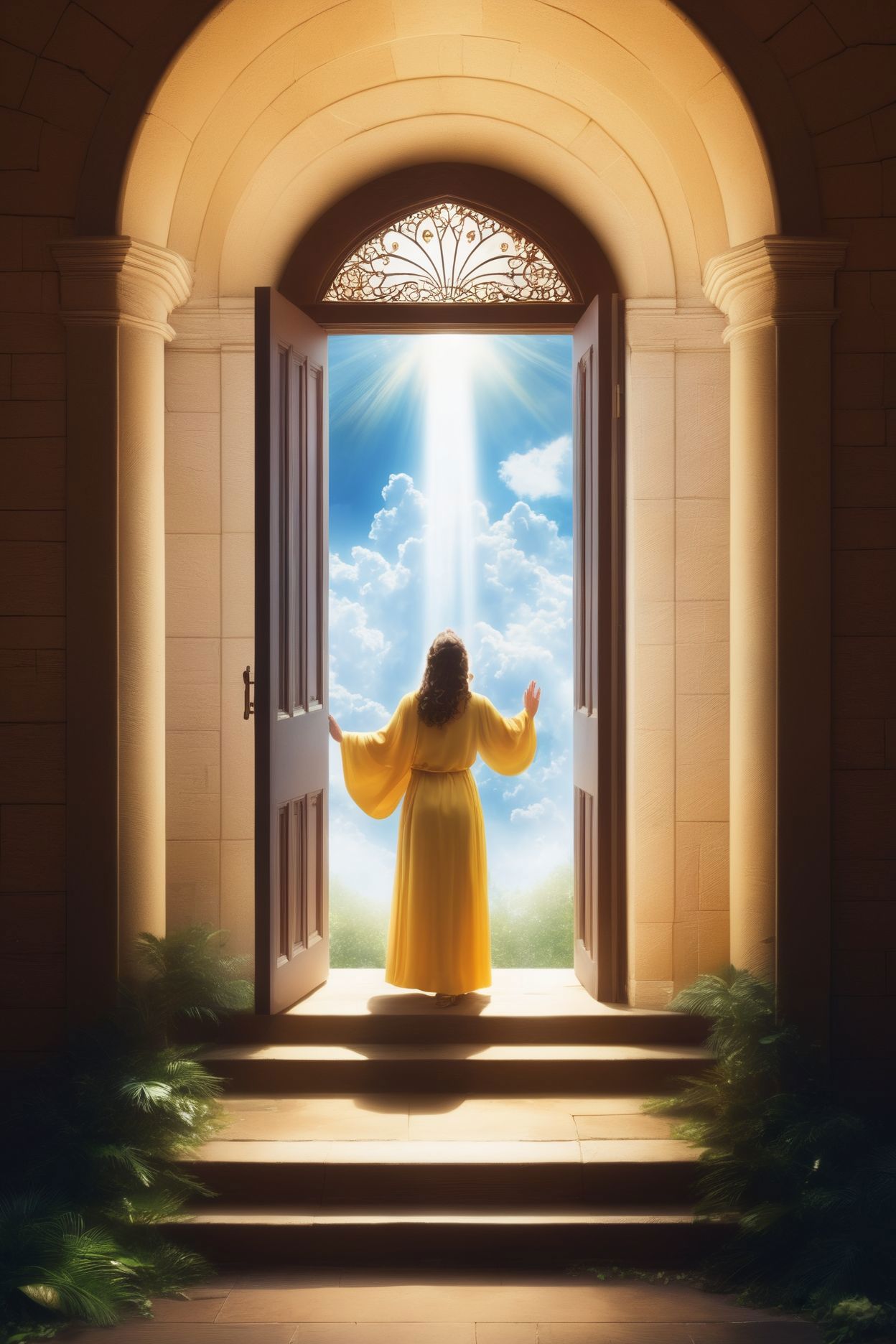 A woman in a yellow robe standing at the door of a church - SeaArt AI