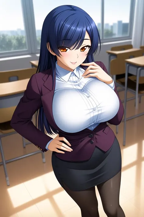A woman in a skirt and jacket posing in a classroom - SeaArt AI