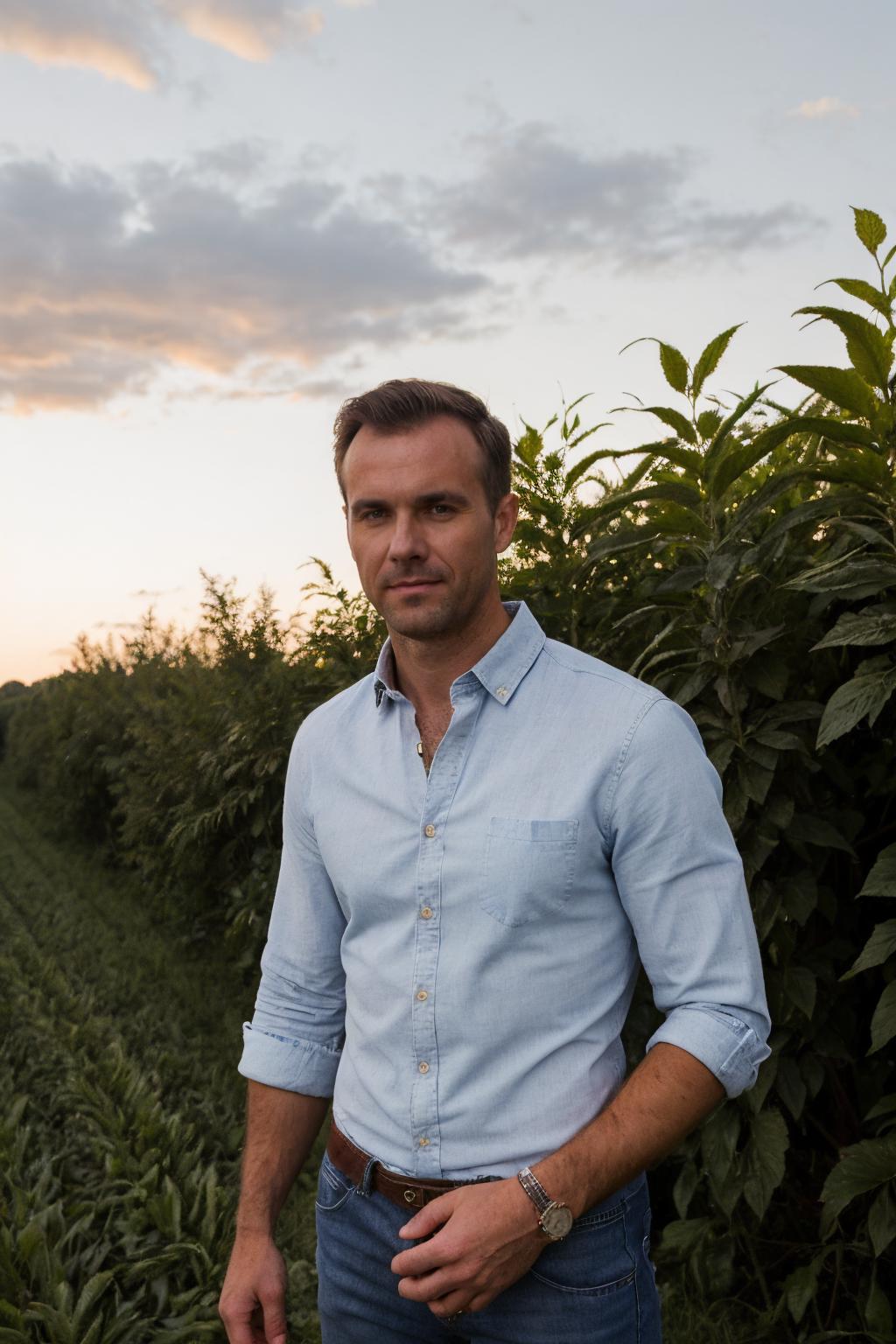 Arafed man standing in a field of crops with a sunset in the background - SeaArt AI