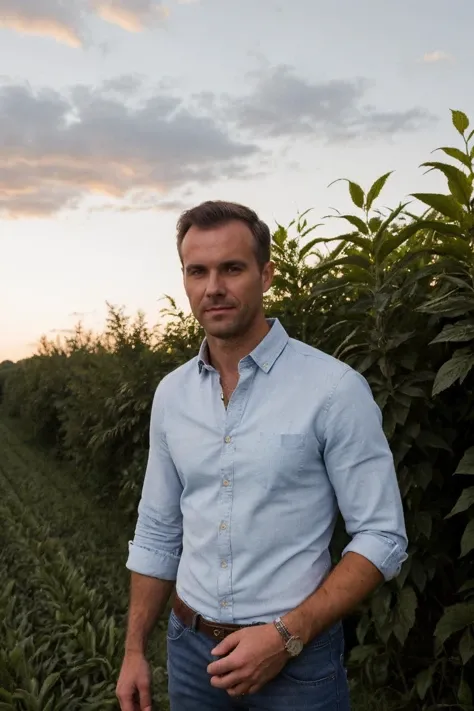 Arafed man standing in a field of crops with a sunset in the background ...