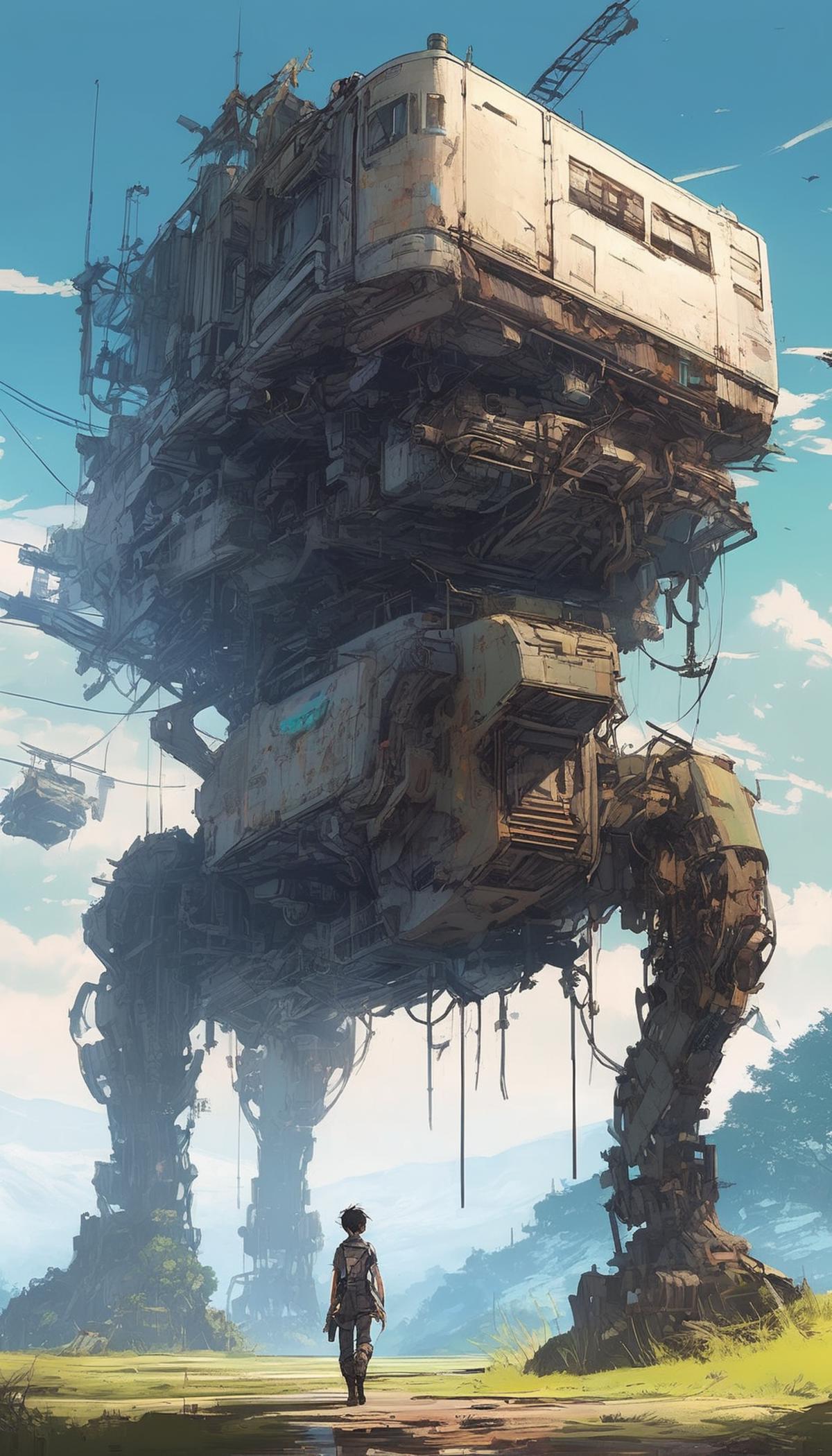 A man walking down a path towards a giant structure - SeaArt AI