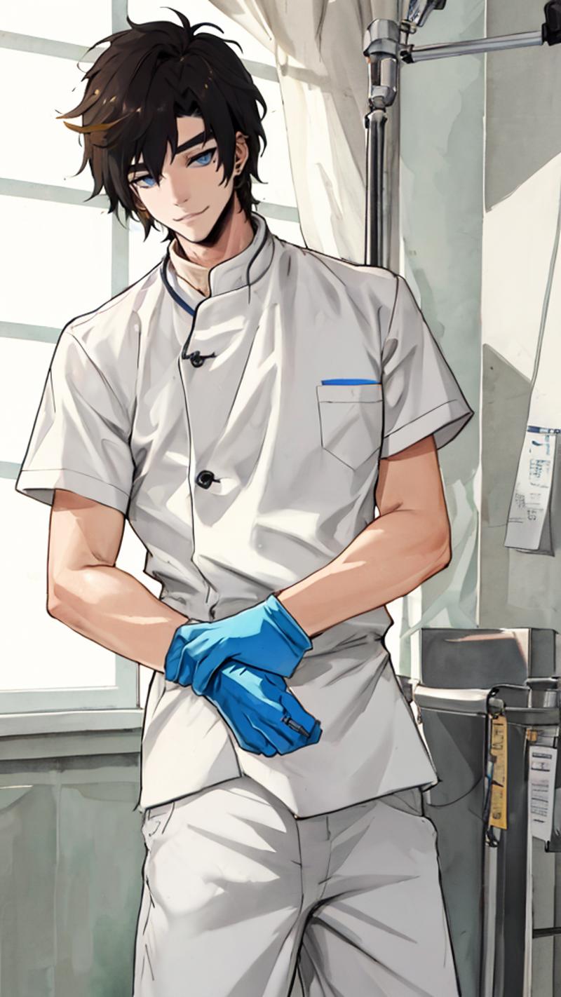 Anime character in uniform standing in front of a hospital room - SeaArt AI