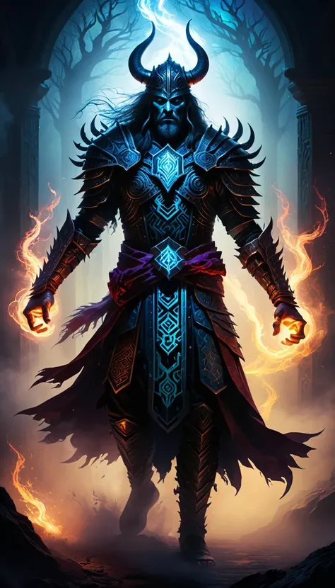 A man in armor with a horned head and a horned face - SeaArt AI