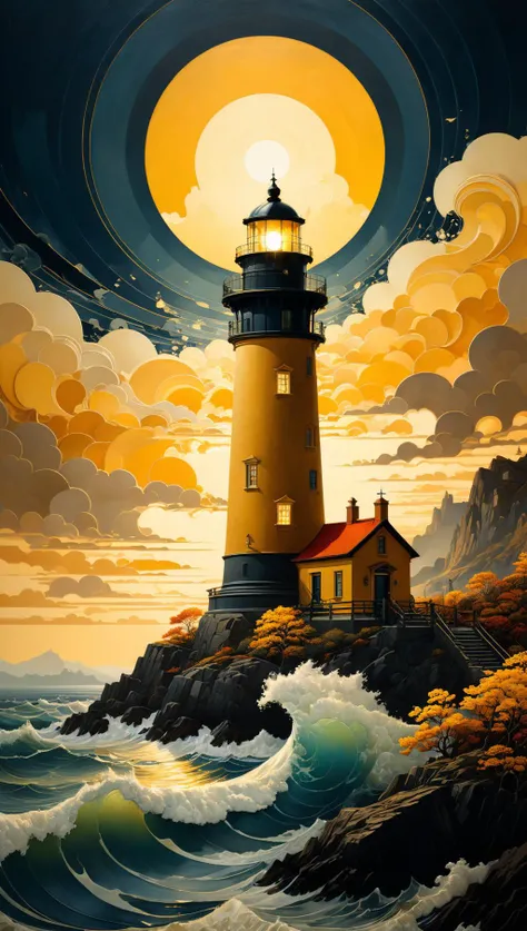 A painting of a lighthouse on a rocky shore with waves - SeaArt AI