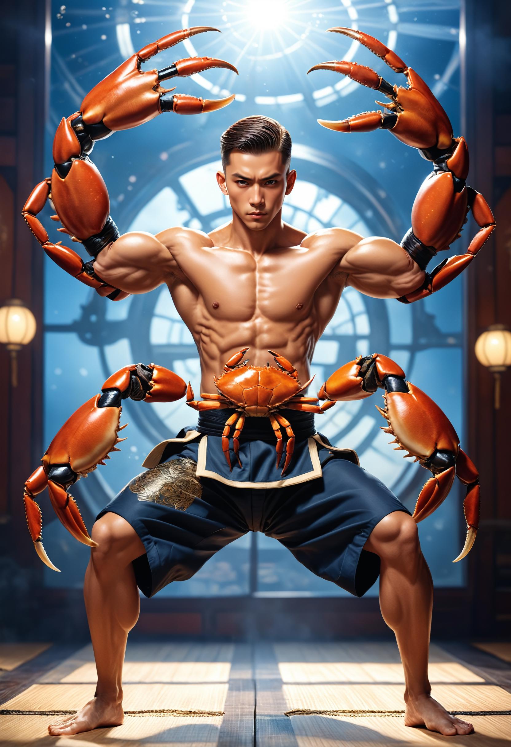 A man with a crab around his body in a pose - SeaArt AI
