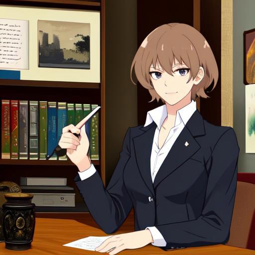 Anime image of a woman in a suit sitting at a desk - SeaArt AI