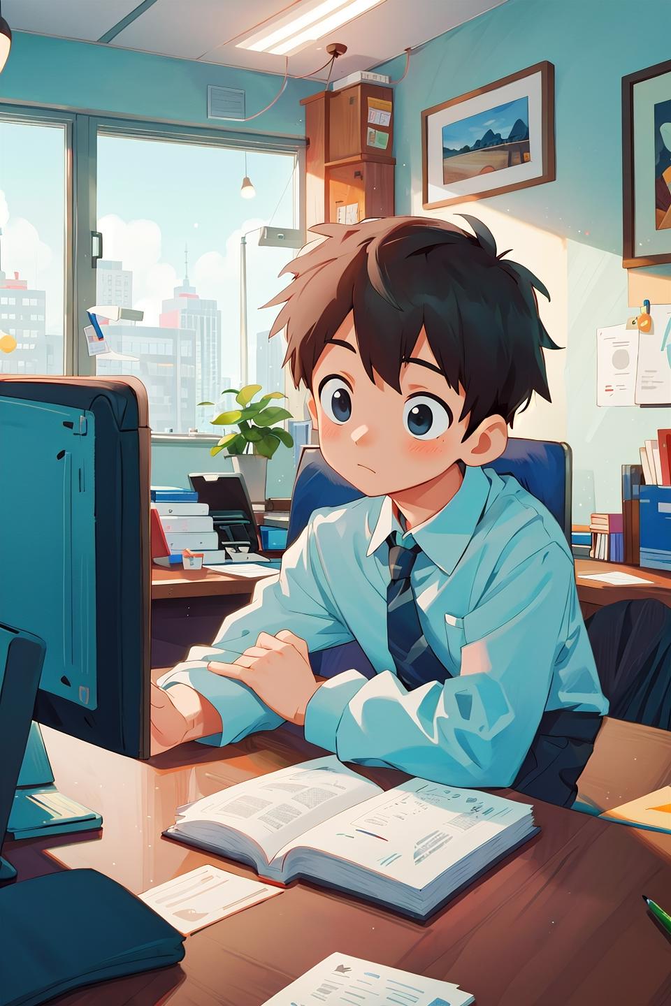 Anime boy sitting at a desk with a computer and a book - SeaArt AI
