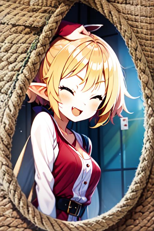 Anime girl with blonde hair and red vest in a rope frame - SeaArt AI