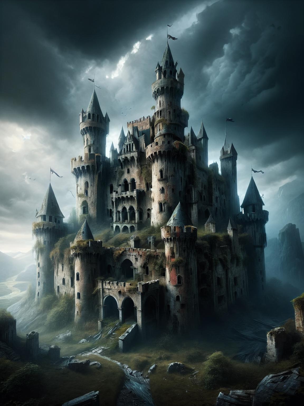 A large castle with a tower on top of a mountain - SeaArt AI
