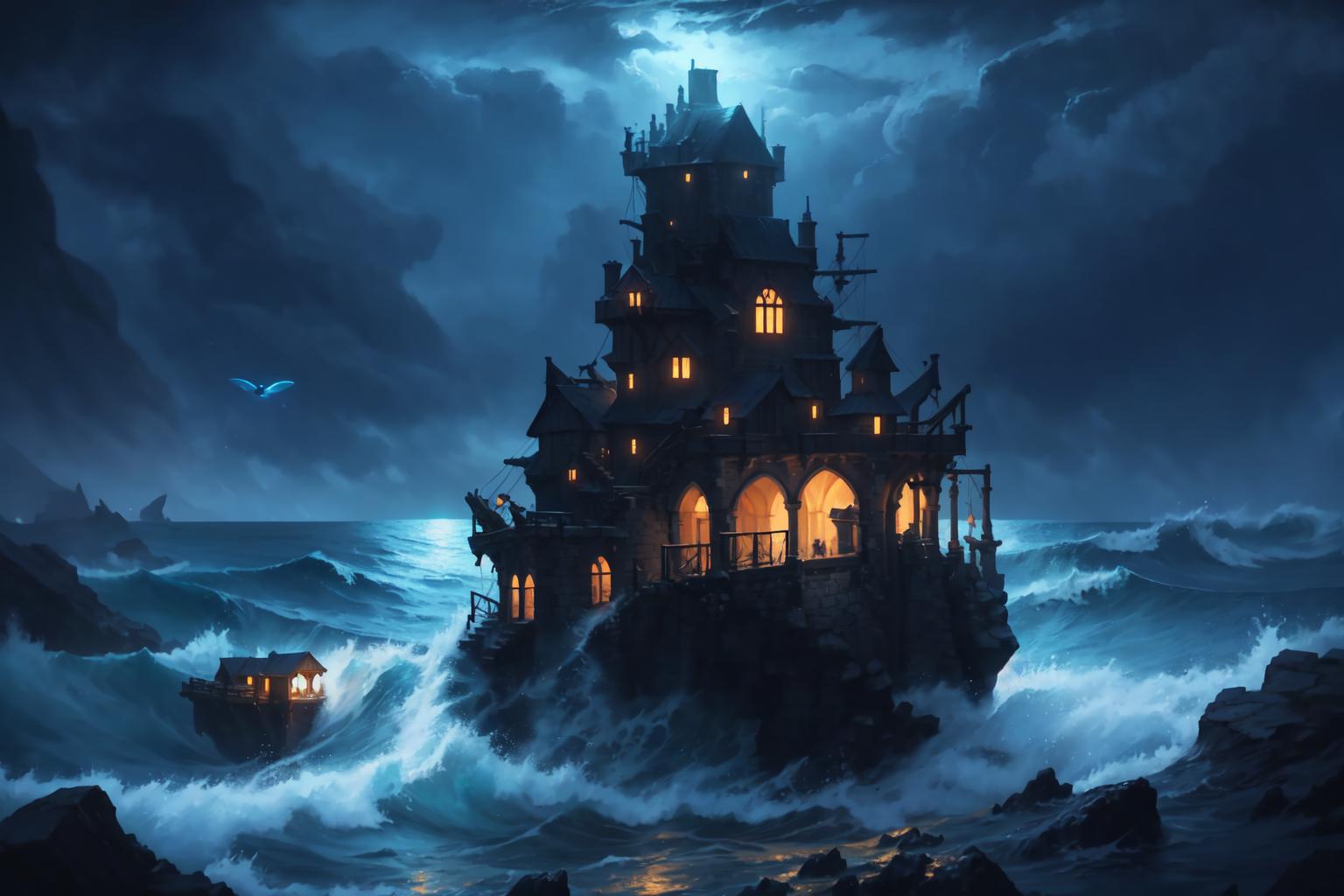 A large castle on a rock in the middle of the ocean - SeaArt AI