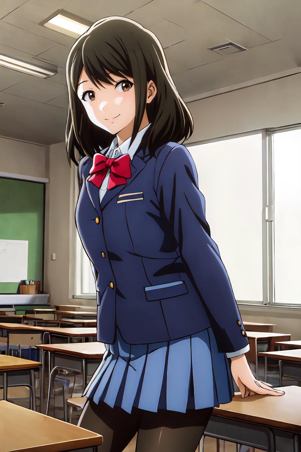 Anime girl in school uniform standing in front of a classroom - SeaArt AI