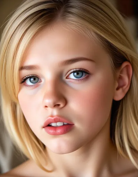 Blond girl with blue eyes and a white shirt posing for a picture ...