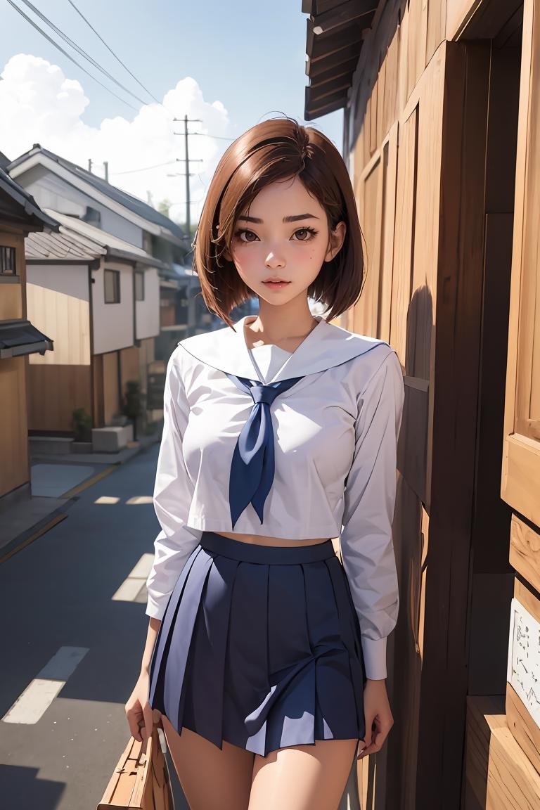 Arafed asian woman in a short skirt and shirt posing for a picture - SeaArt AI