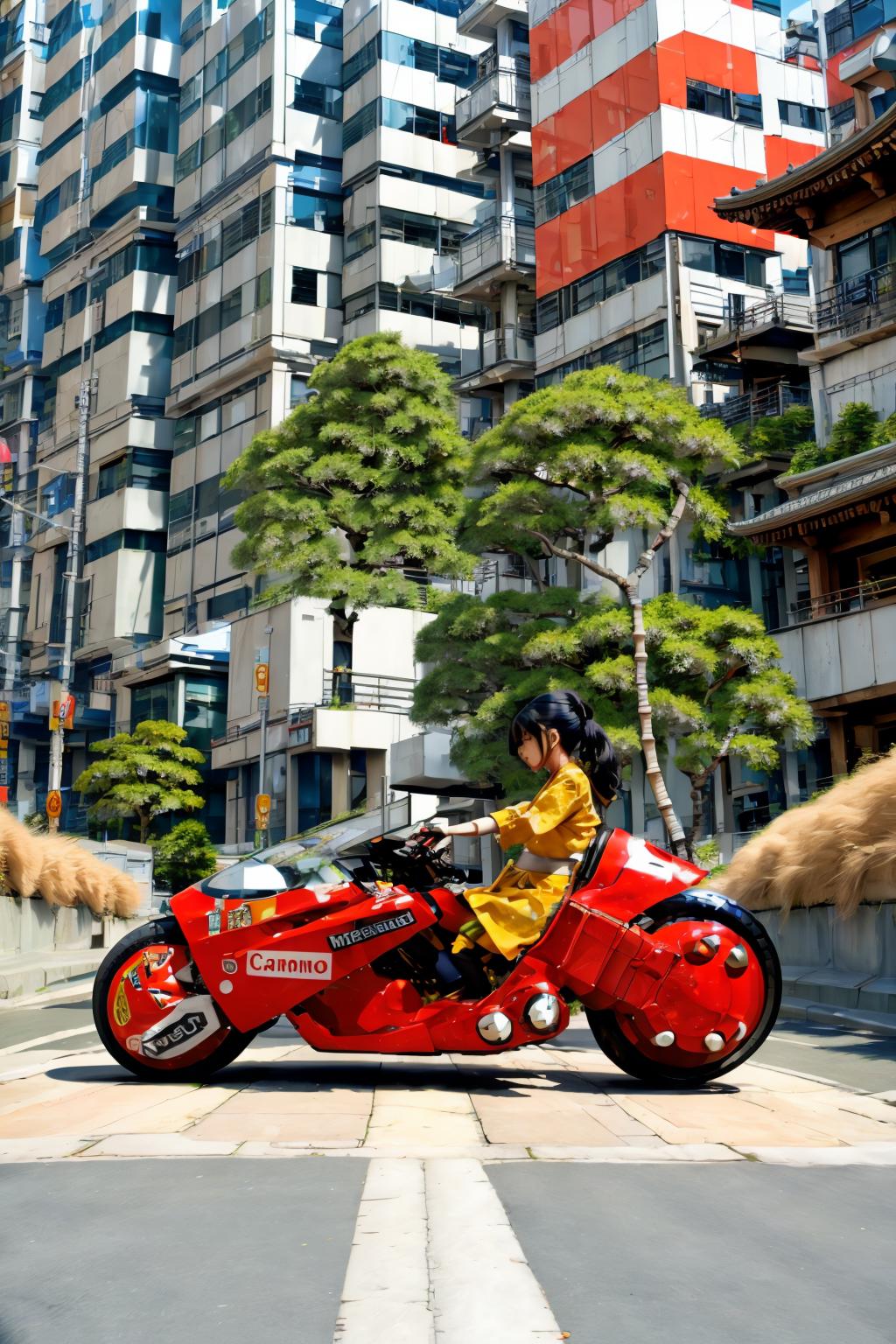 There is a young boy riding a red motorcycle down the street - SeaArt AI