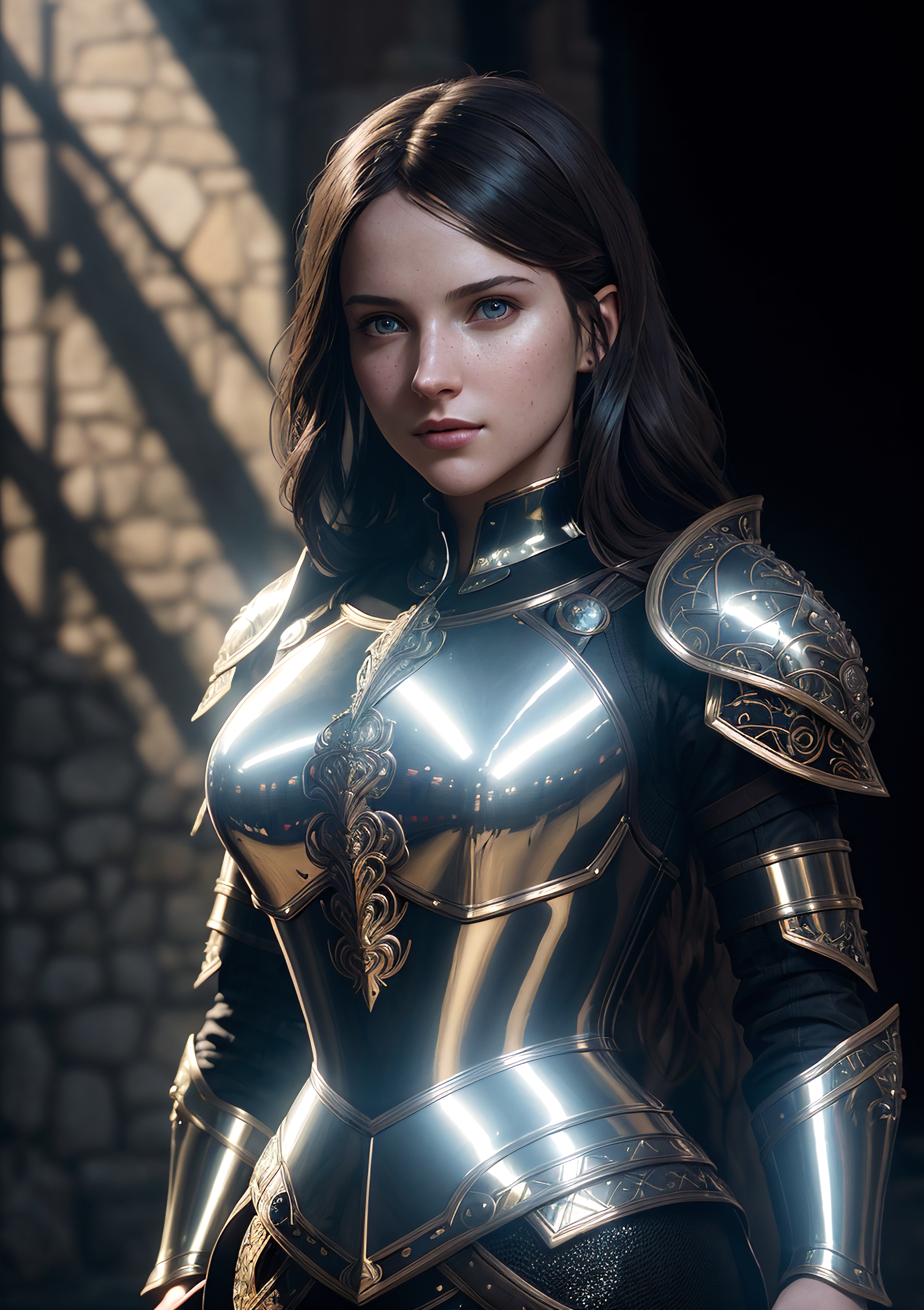 A woman in armor poses for a photo in a dark room - SeaArt AI