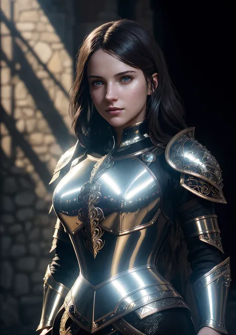 A woman in armor poses for a photo in a dark room - SeaArt AI