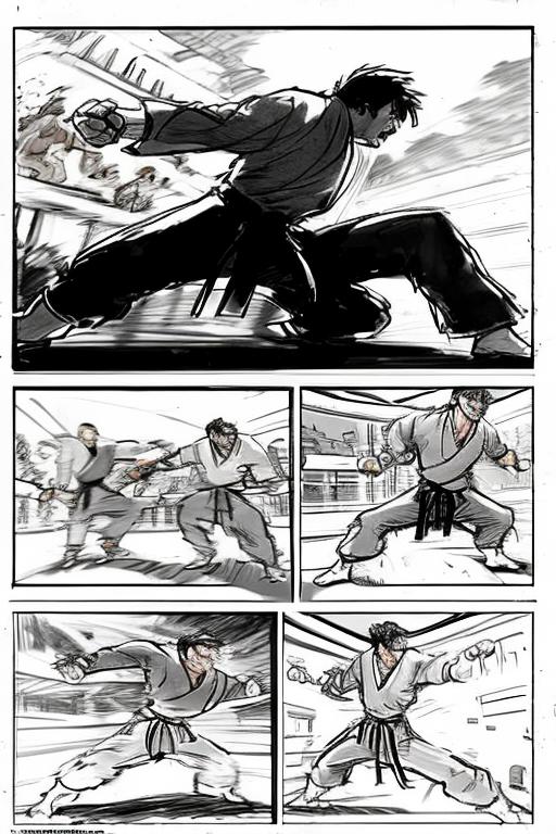 A comic strip with a man in a karate stance and a man in a karate ...