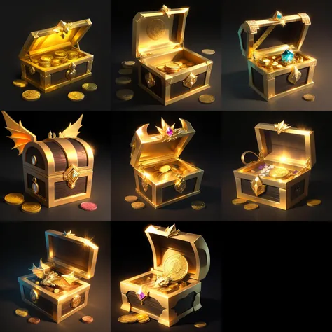 A set of four different chests with gold coins and jewels - SeaArt AI