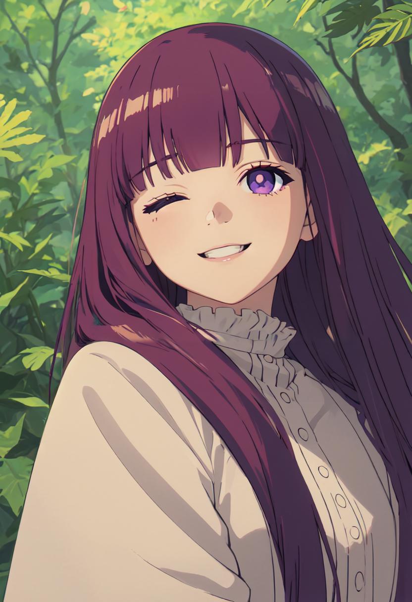 Anime girl with long hair and purple eyes standing in front of a bush ...