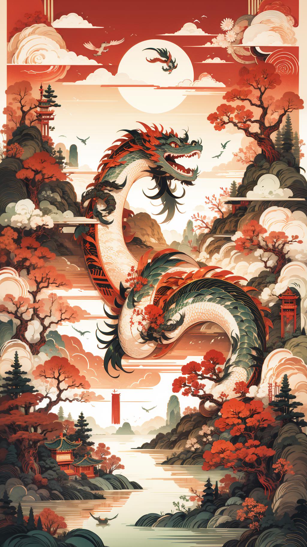 A poster of a dragon flying over a river with a red sky - SeaArt AI