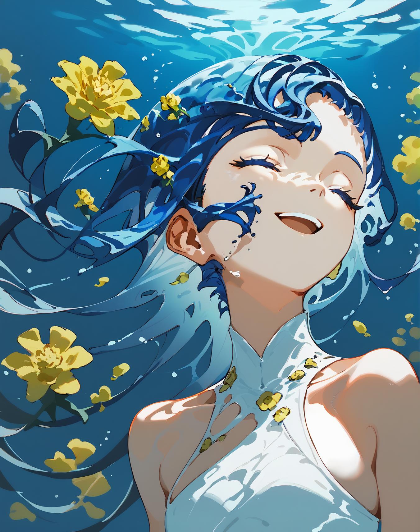 Anime girl with blue hair and flowers floating in the water - SeaArt AI