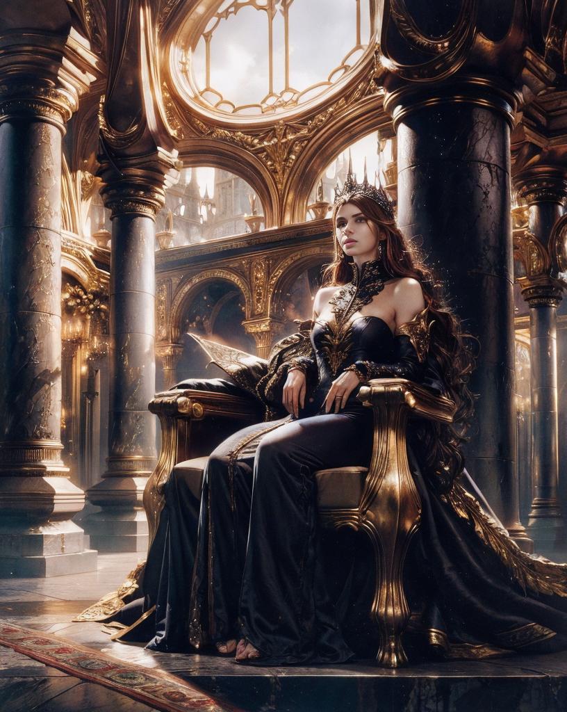 A woman sitting on a throne in a large room - SeaArt AI