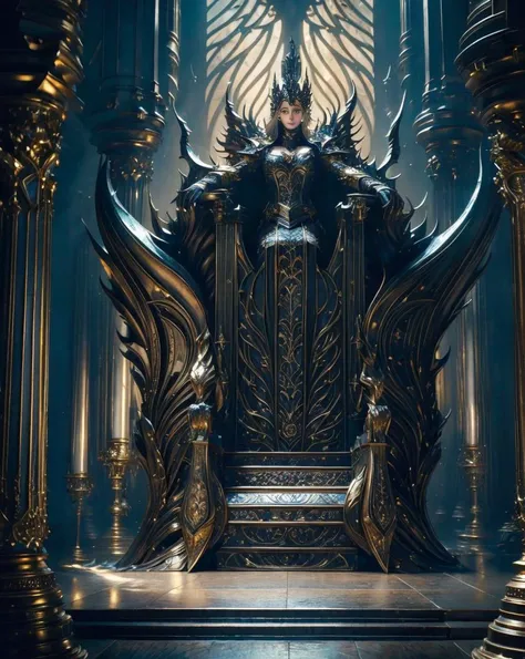 A woman sitting on a throne in a dark room - SeaArt AI