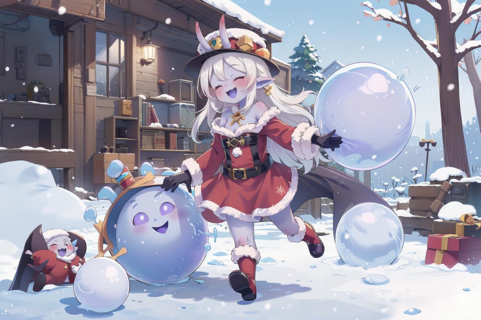 Anime girl in a red dress and hat holding a snowball - SeaArt AI