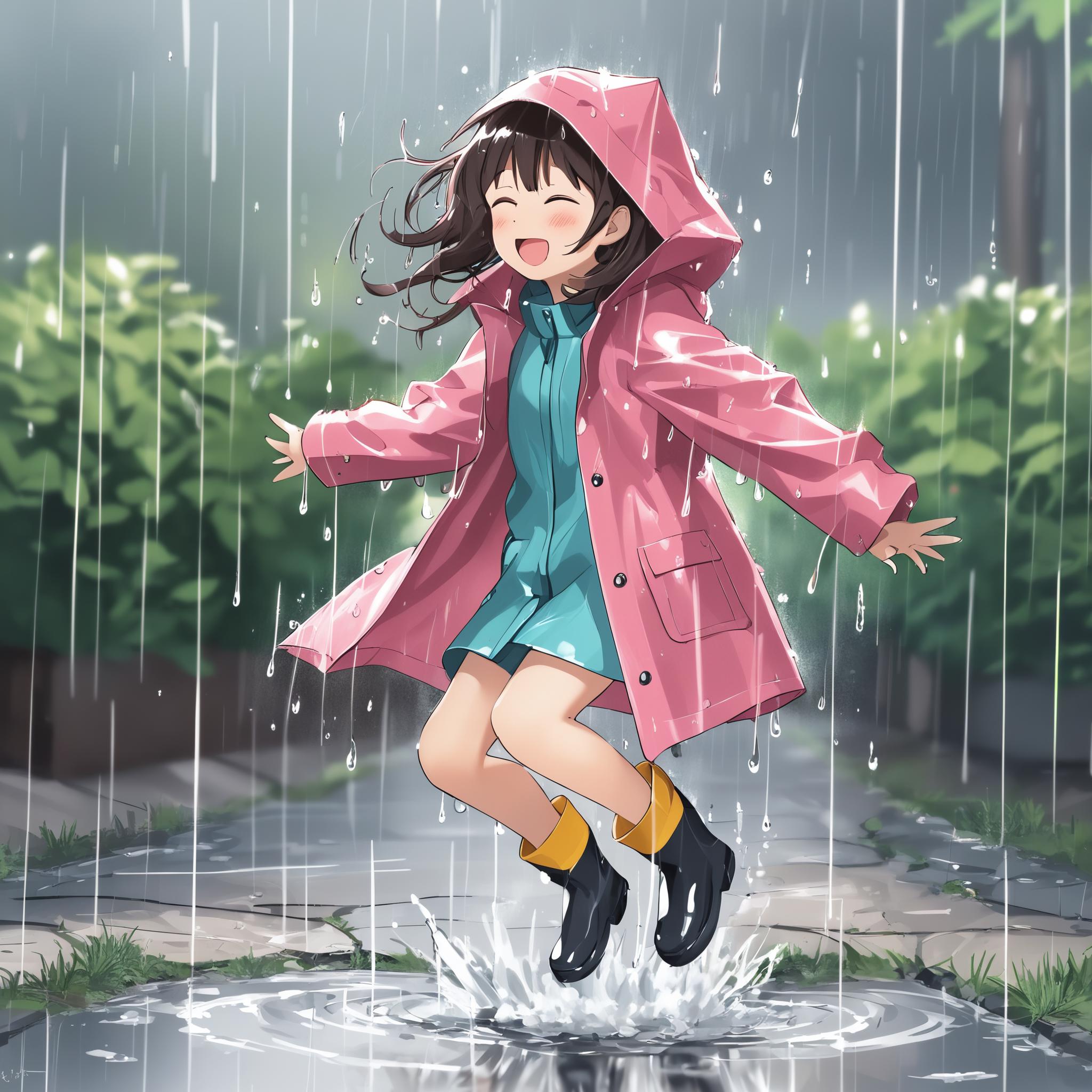 Anime girl jumping in the rain - SeaArt AI