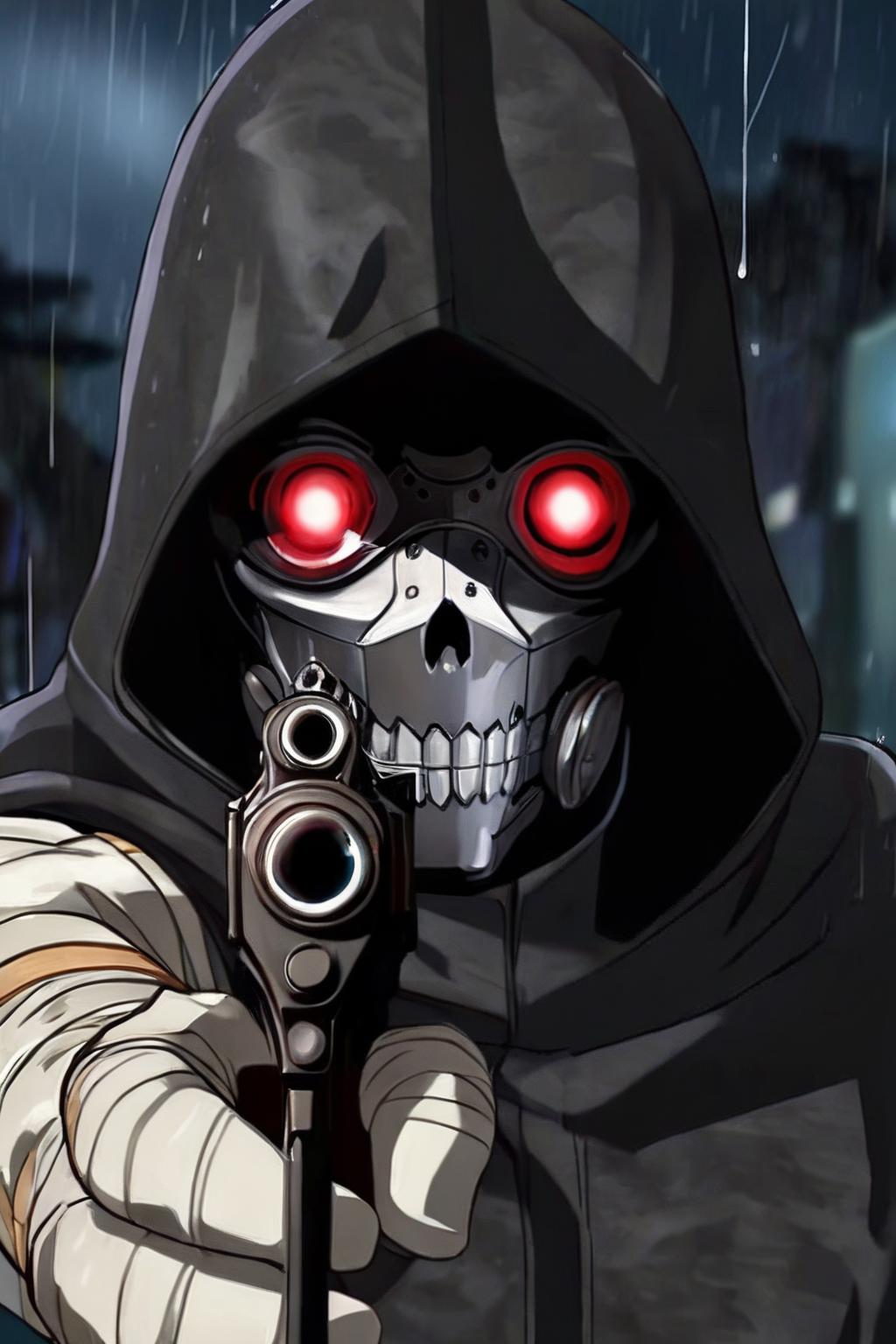 A close up of a person holding a gun with red eyes - SeaArt AI