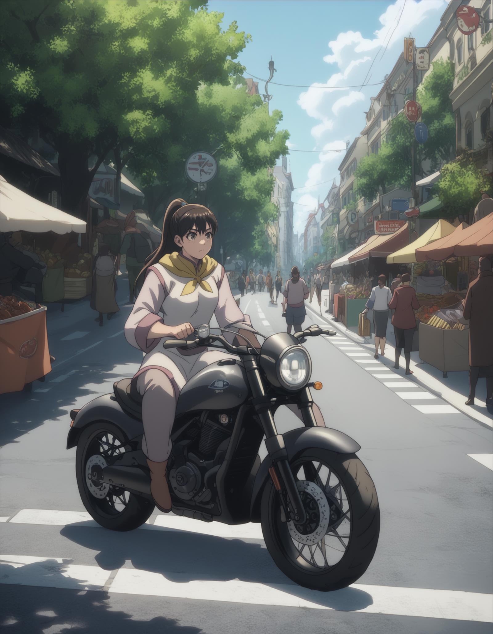 Anime girl riding a motorcycle down a street in a city - SeaArt AI