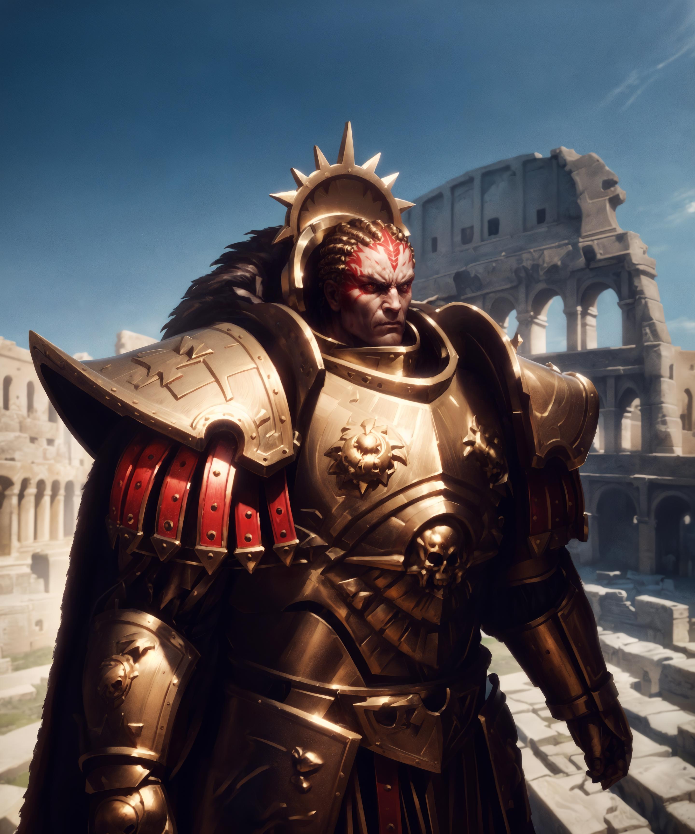 A close up of a man in armor standing in front of a building - SeaArt AI