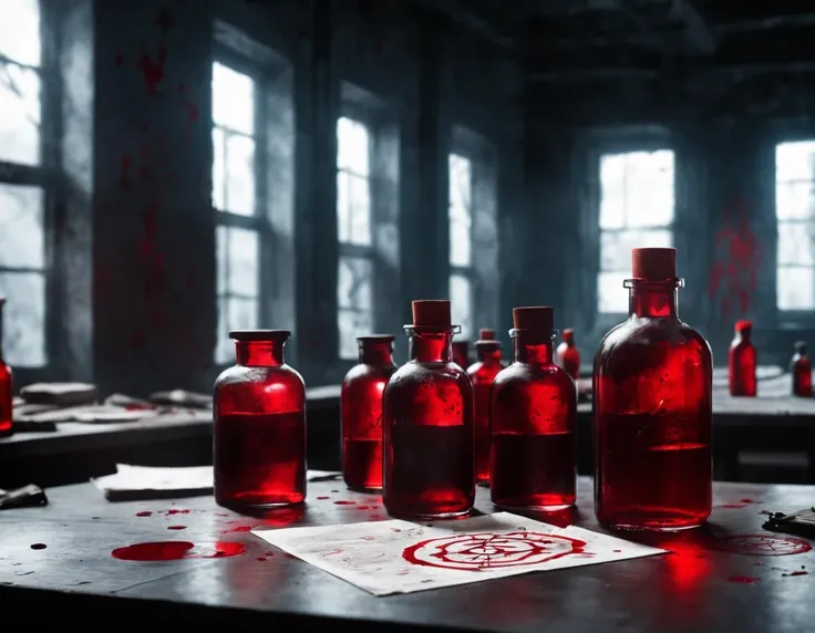 Bottles of blood are sitting on a table in a room - SeaArt AI