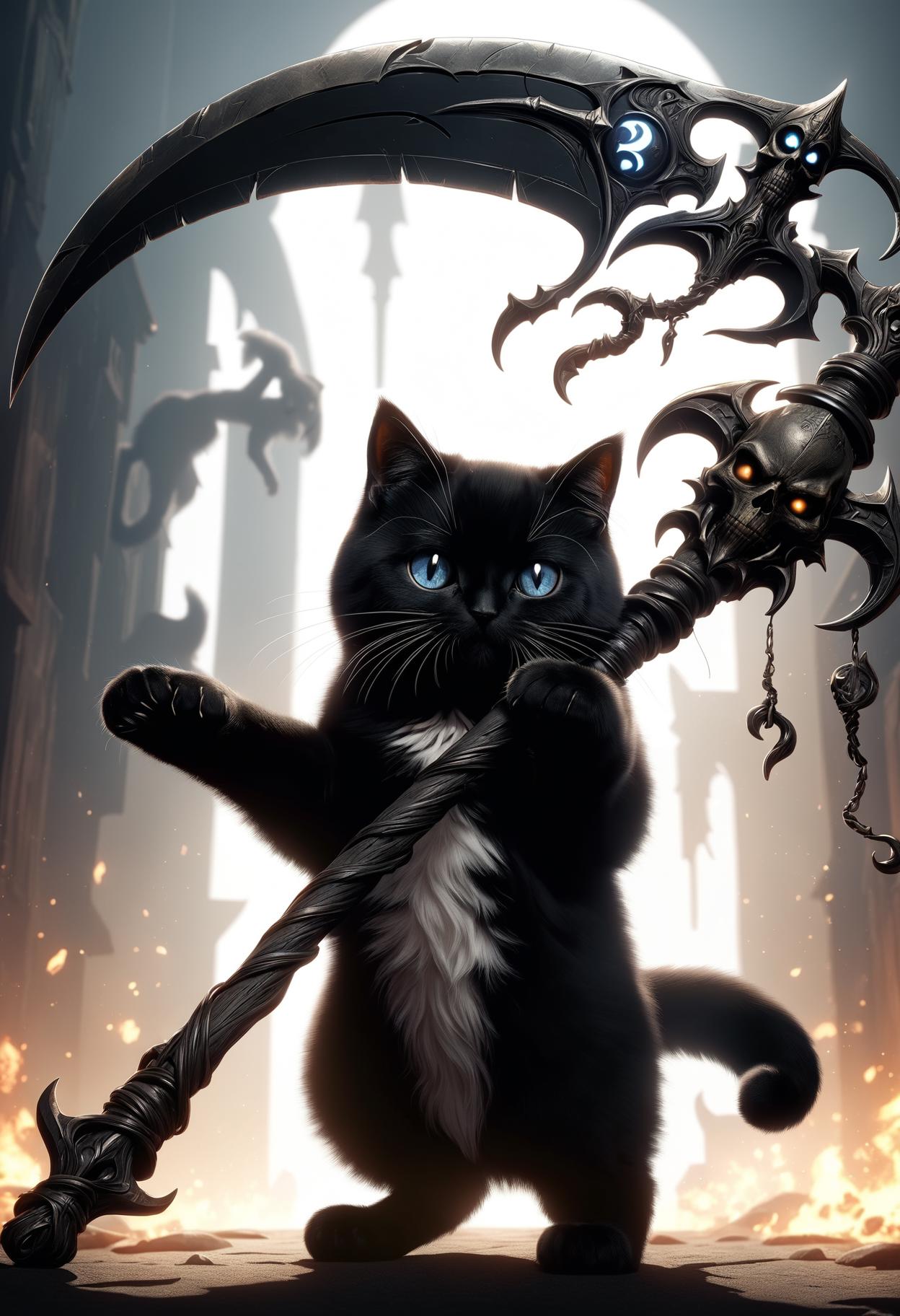 A close up of a cat holding a scyther in front of a full moon - SeaArt AI