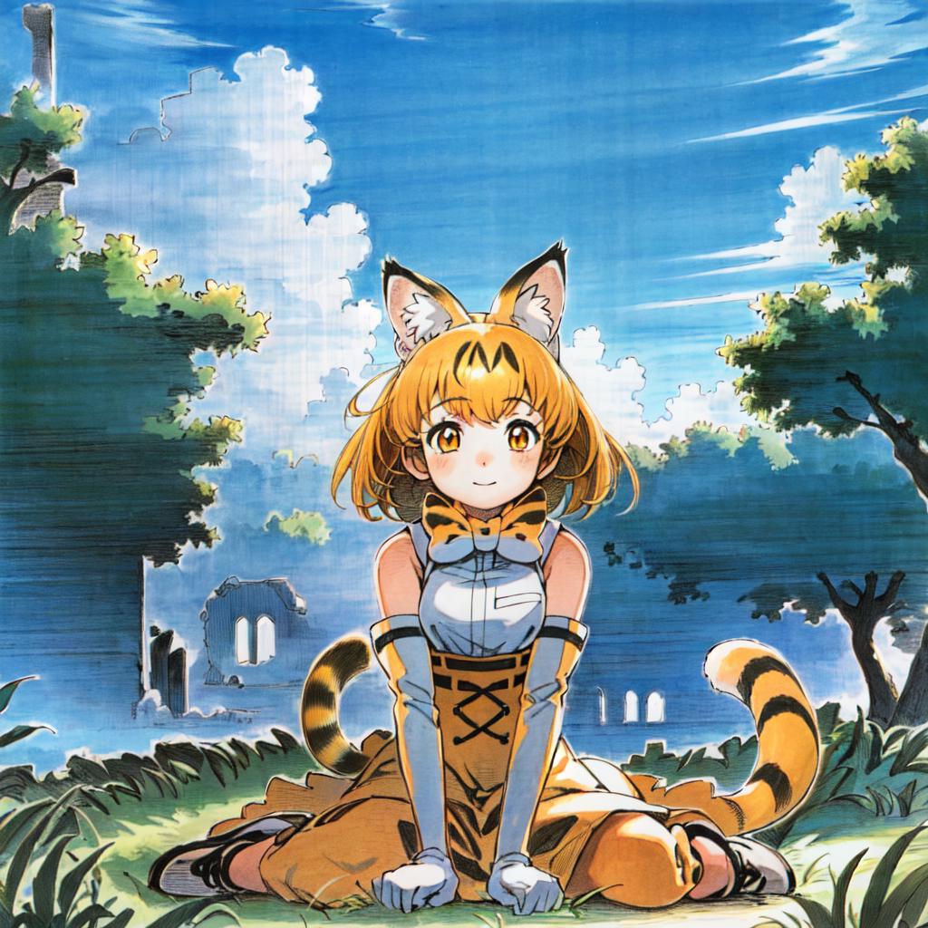 Anime girl sitting on the ground with a tiger in front of her - SeaArt AI