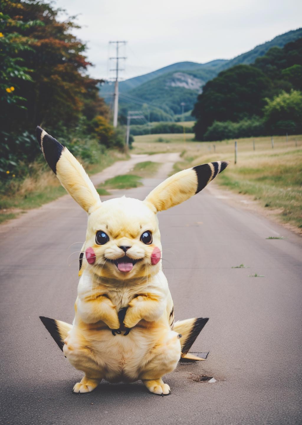 A close up of a person in a pikachu costume on a road - SeaArt AI