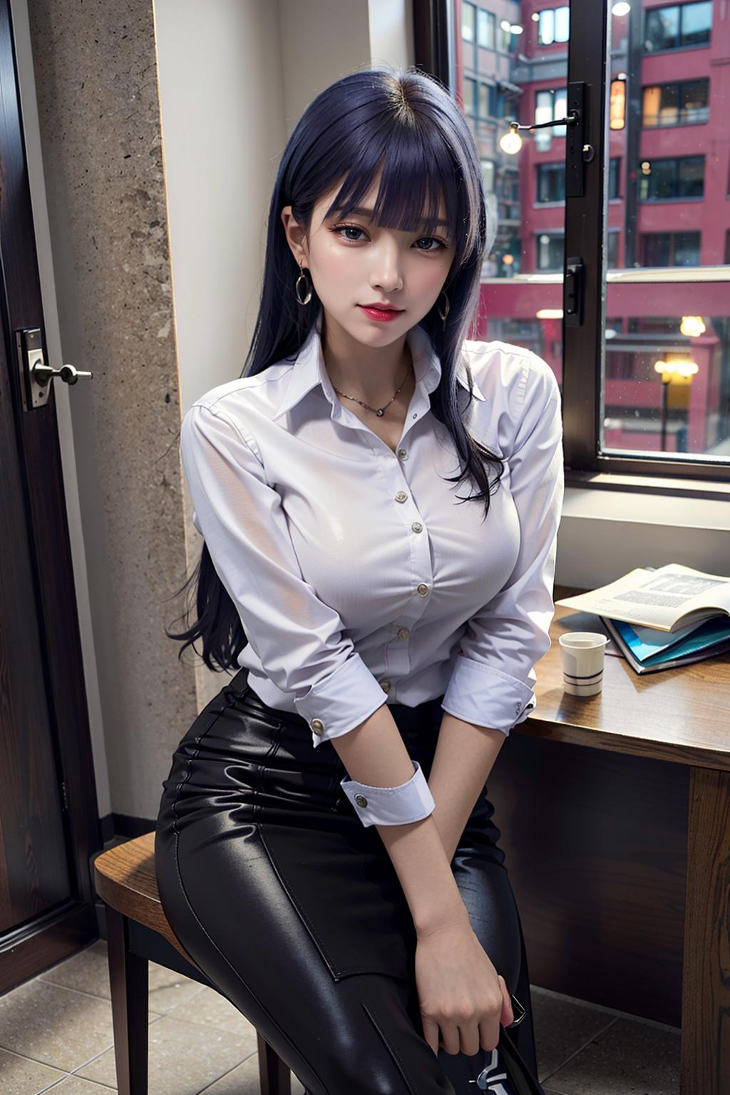 Araffe asian woman in a white shirt and black leather pants - SeaArt AI