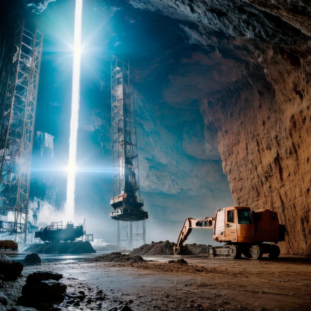 A close up of a large truck in a cave with a crane - SeaArt AI